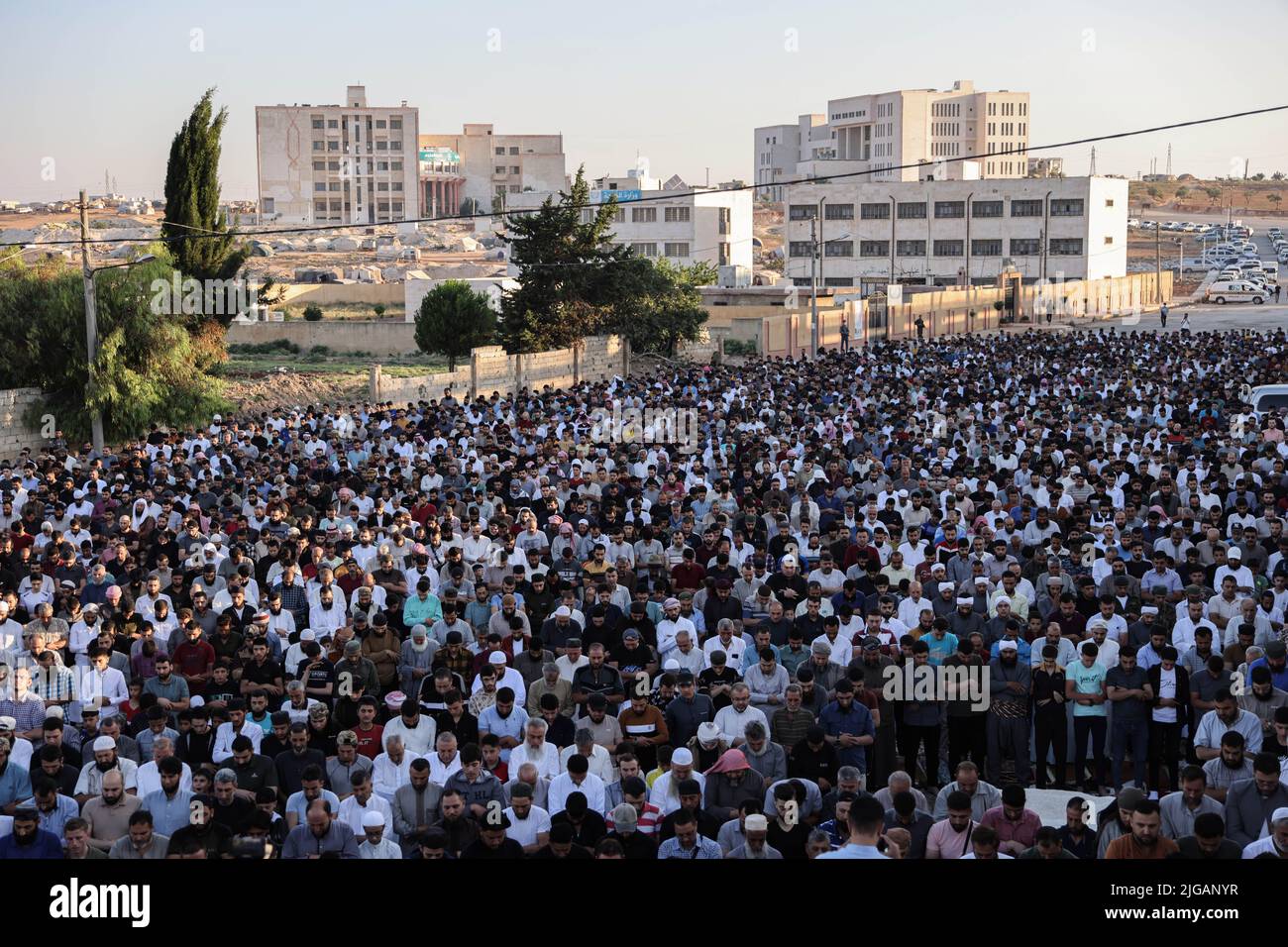 Idlib City, Syria. 09th July, 2022. Syrian Muslims perform Eid al-Adha ...
