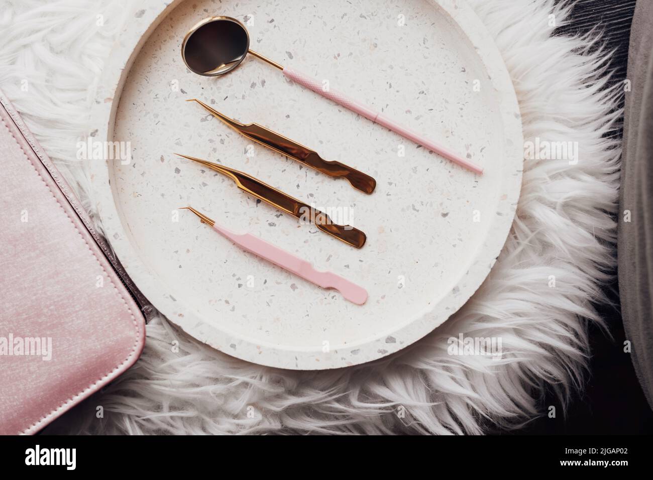 Flat Lay of Eyelashes Golden Tools Laid Up on the Stone Tray Stock ...