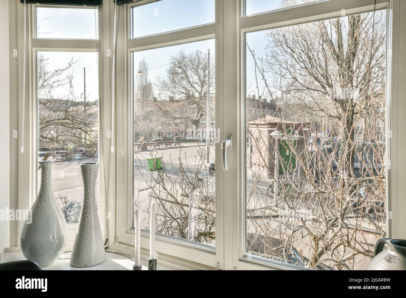 Beautiful view from the large white plastic panoramic window to the ...