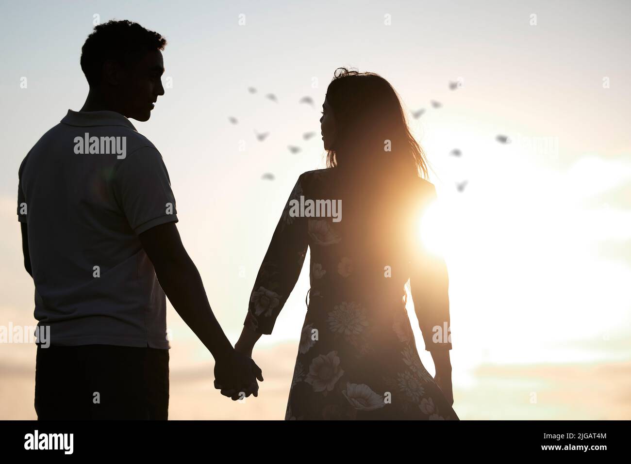 Couple Holding Hands Silhouette City