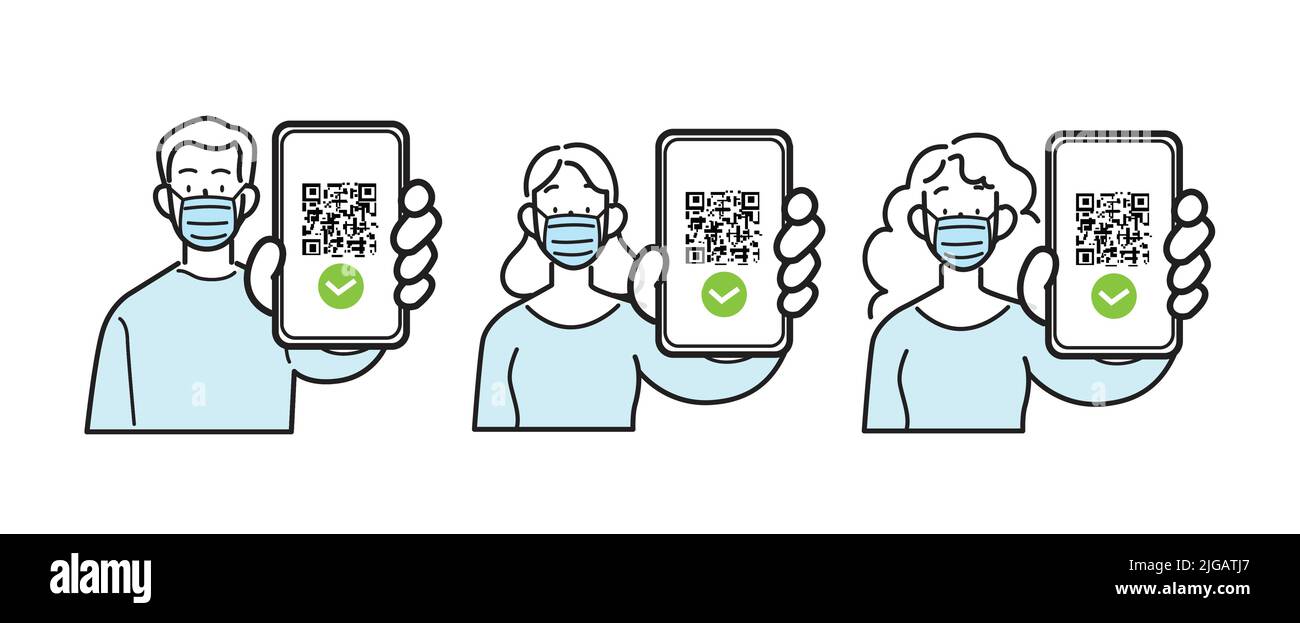 Line icons isolated vector set. Man and woman wearing surgical face ...