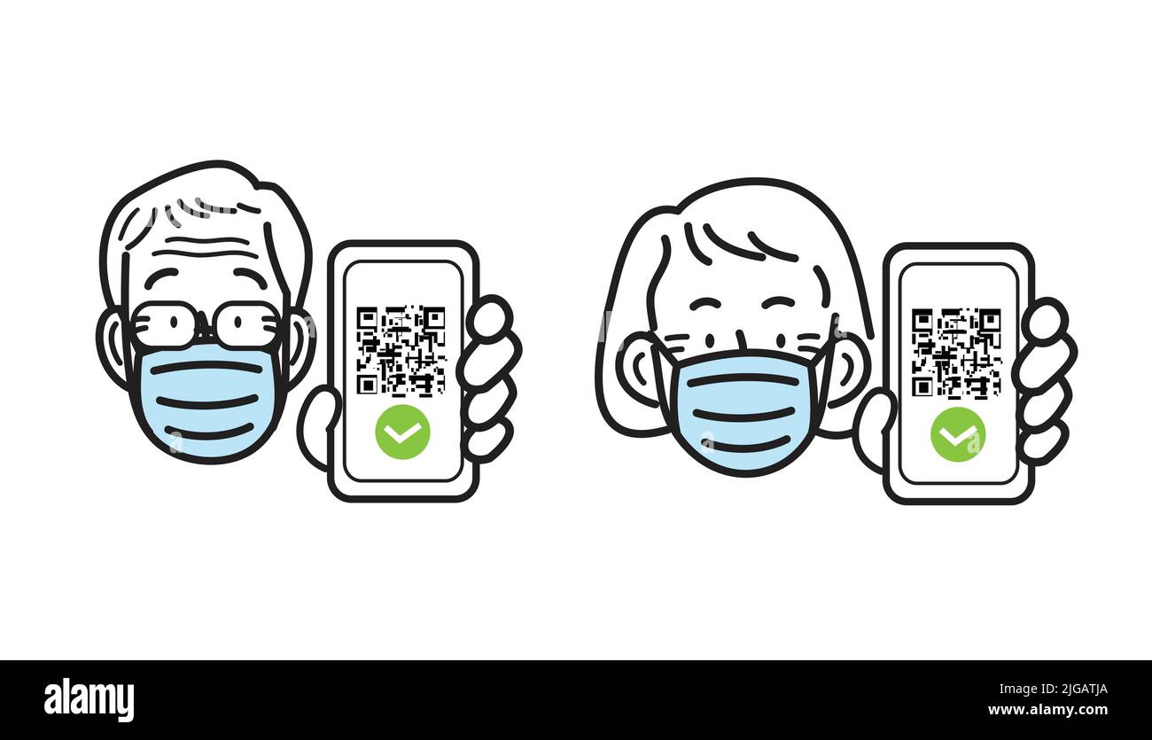 Vector line icons. Old man and woman wearing surgical face mask ...