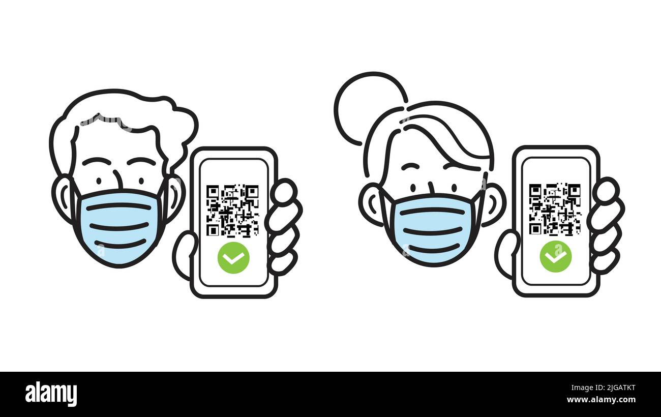 Man and woman wearing surgical protective face masks holding smartphone ...