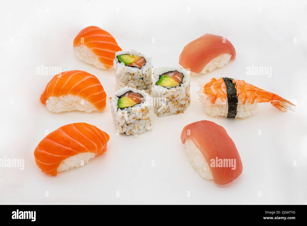 sushi assortment on white background Stock Photo - Alamy