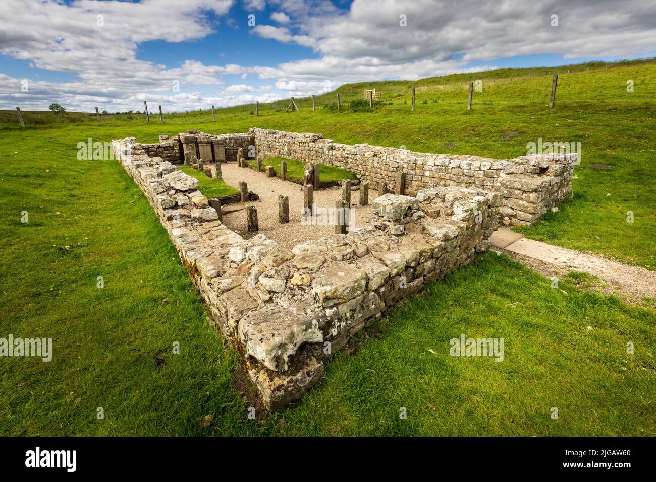 The remains of Brocolitia, temple of Mithras next to Carrawburgh Roman Fort on Hadrian’s Wall ...