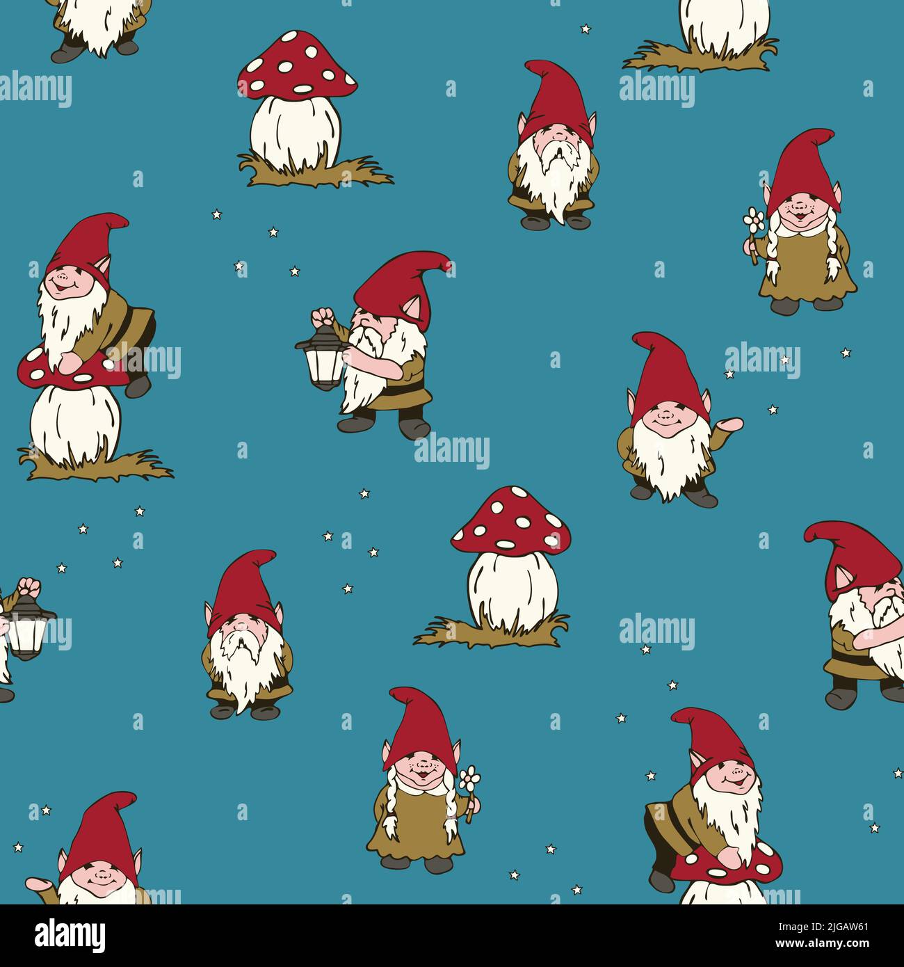 Seamless vector pattern with hand drawn gnomes on blue background ...