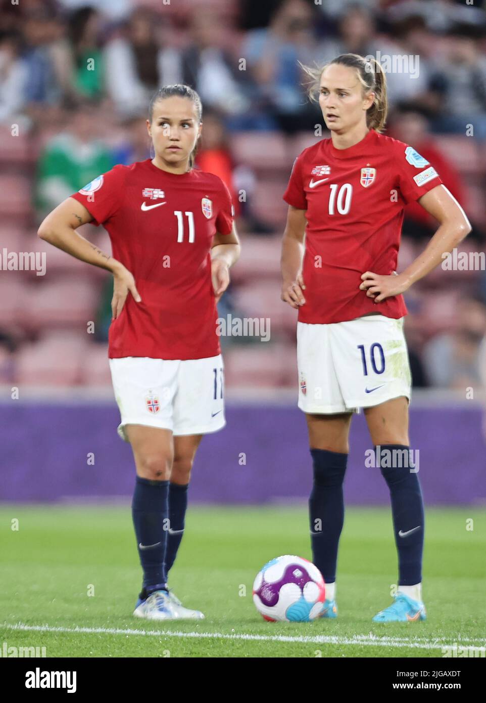 SOUTHAMPTON ENGLAND - JULY 07 : L-R Guro Reiten of Norway and Caroline Graham Hansen of Norway ...