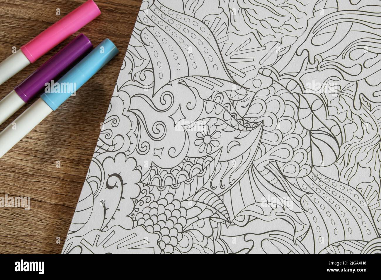 Coloring book with markers, creative drawings Stock Photo - Alamy