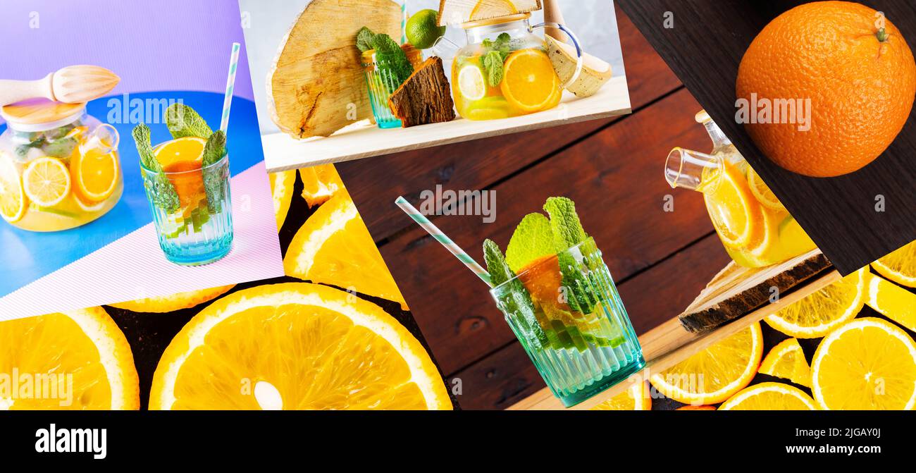 Collage of orange fruits. Collection with orange slices and detox fruit ...
