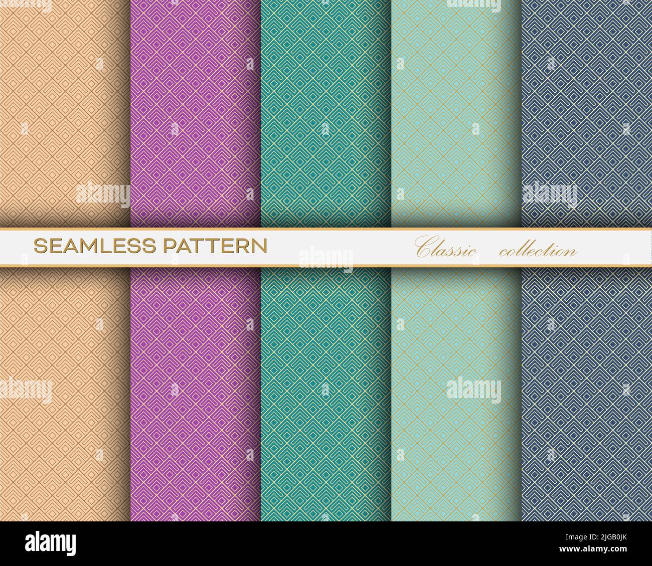 set of classic seamless decorative patterns with a golden openwork grid ...