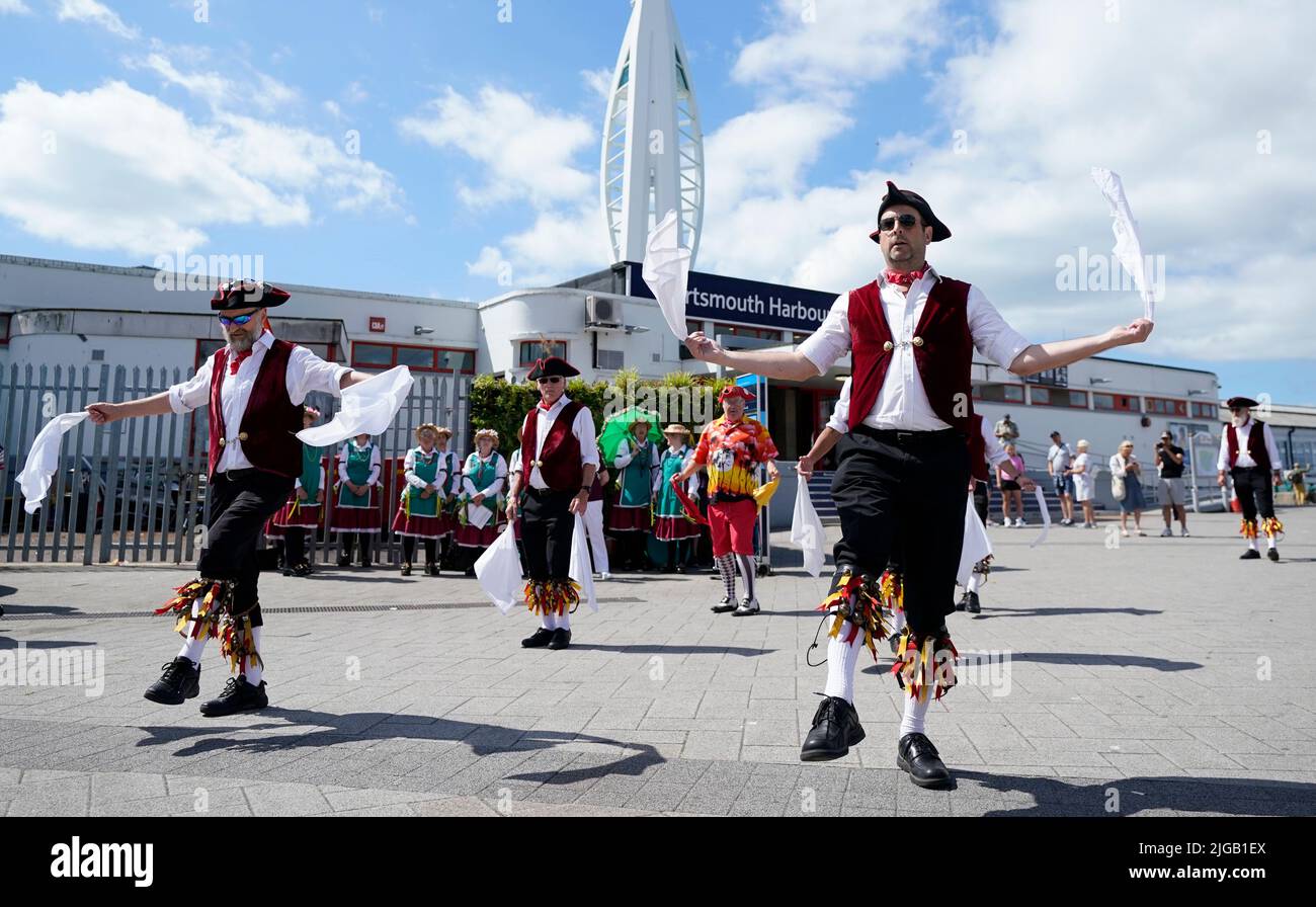 Members of Victory Morris Men perform outside Portsmouth Harbour ...