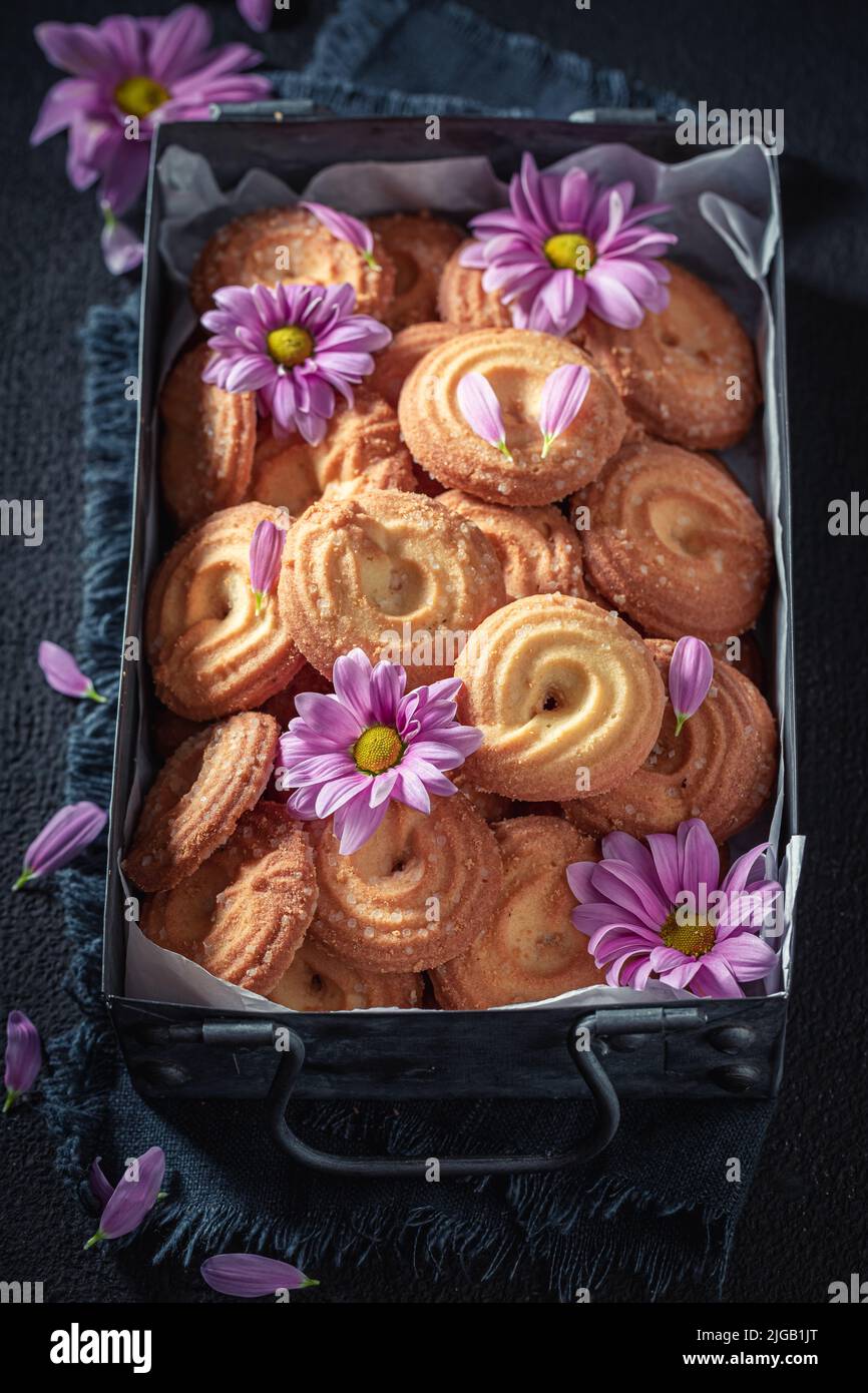 Round butter cookies in an old metal box. Shortbread round cookies ...