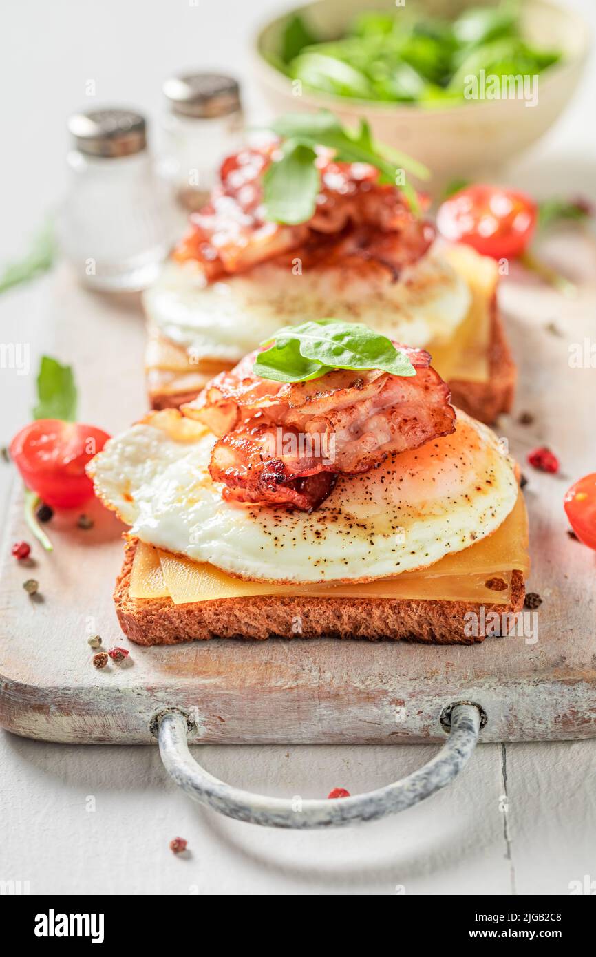 Crunchy and delicious toasts with eggs, tomatoes and bacon. Toasts with ...