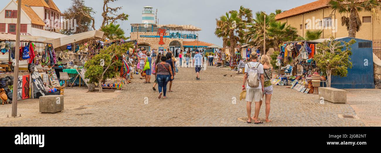 SANTA MARIA, CAPE VERDE, - JUNE 20.2022: Street view with people at ...