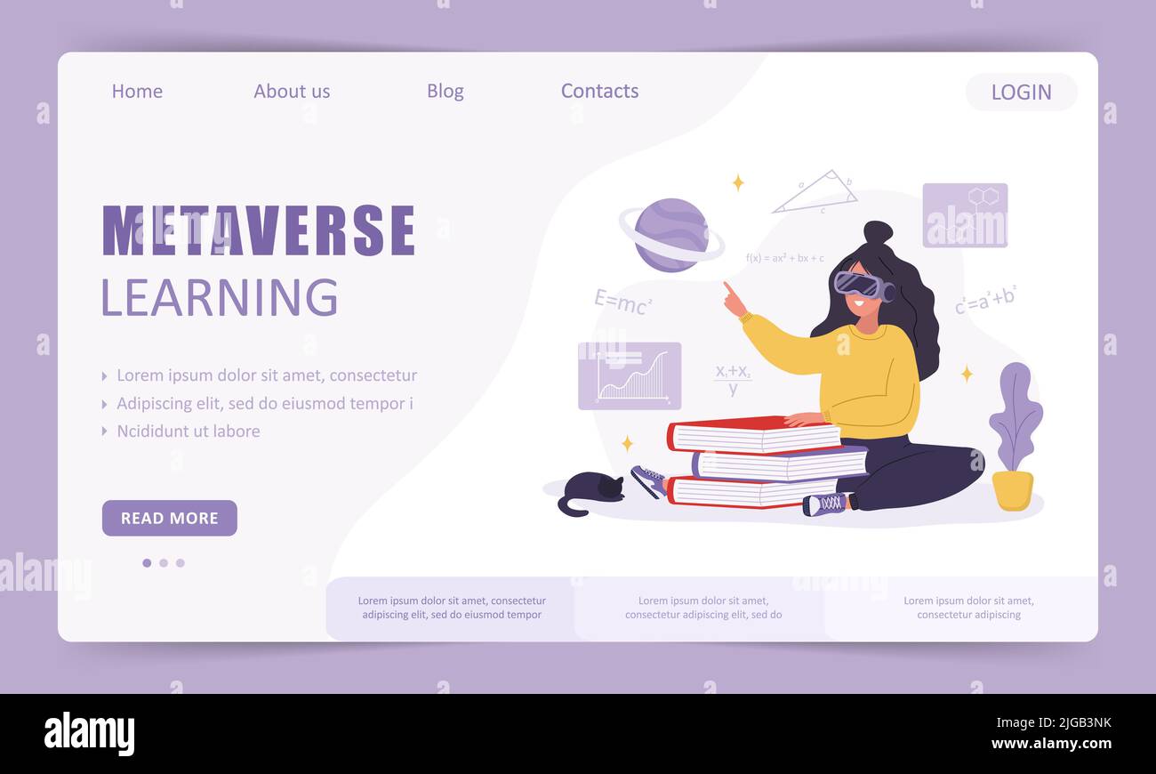 Metaverse learning landing page template. Woman in VR glasses sitting ...