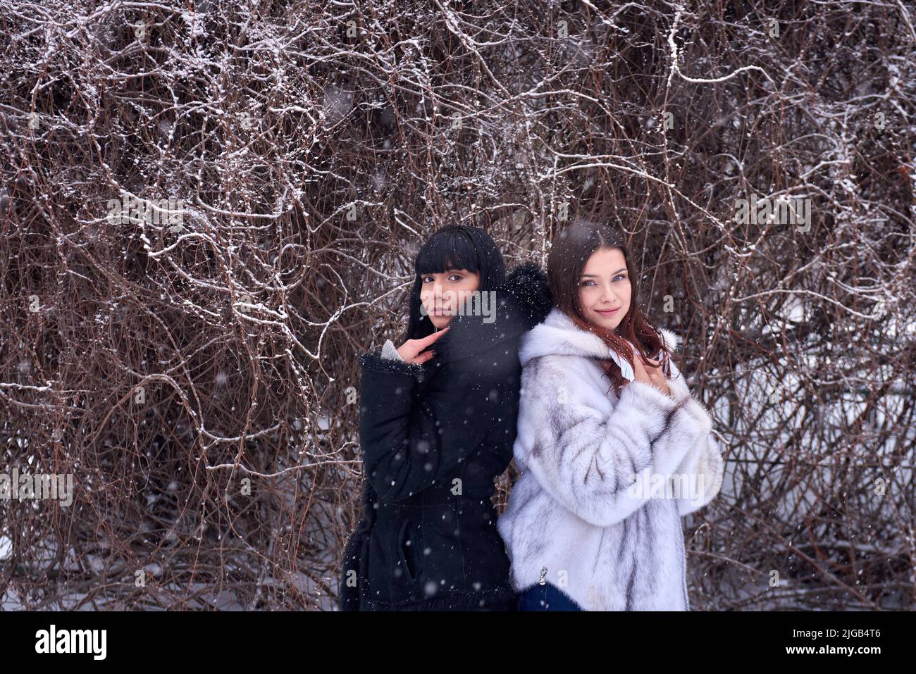 Two girls in a black and white coat in a winter park Stock Photo - Alamy