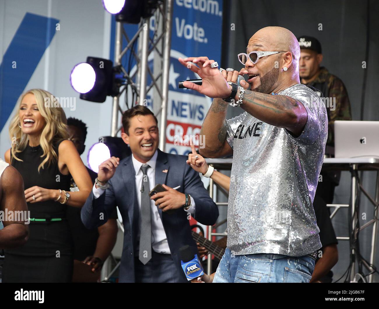 New York, NY, USA. 8th July, 2022. Flo Rida pictured as Flo Rida performs on Fox and Friends at ...