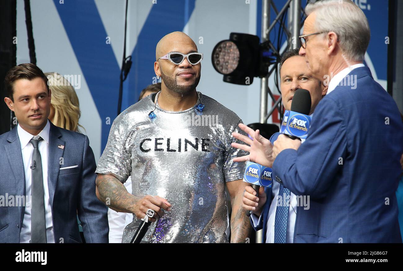 New York, NY, USA. 8th July, 2022. Adam Klotz, Flo Rida, Brian Kilmeade Steve Doocy, pictured as ...