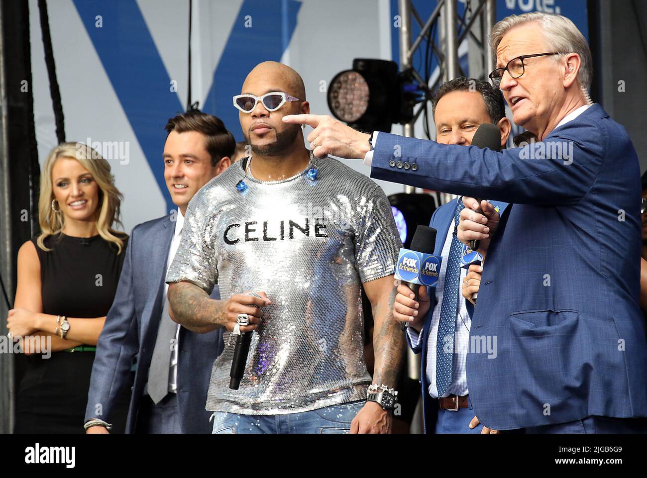 New York, NY, USA. 8th July, 2022. Ainsley Earhardt, Flo Rida, Brian Kilmeade Steve Doocy ...