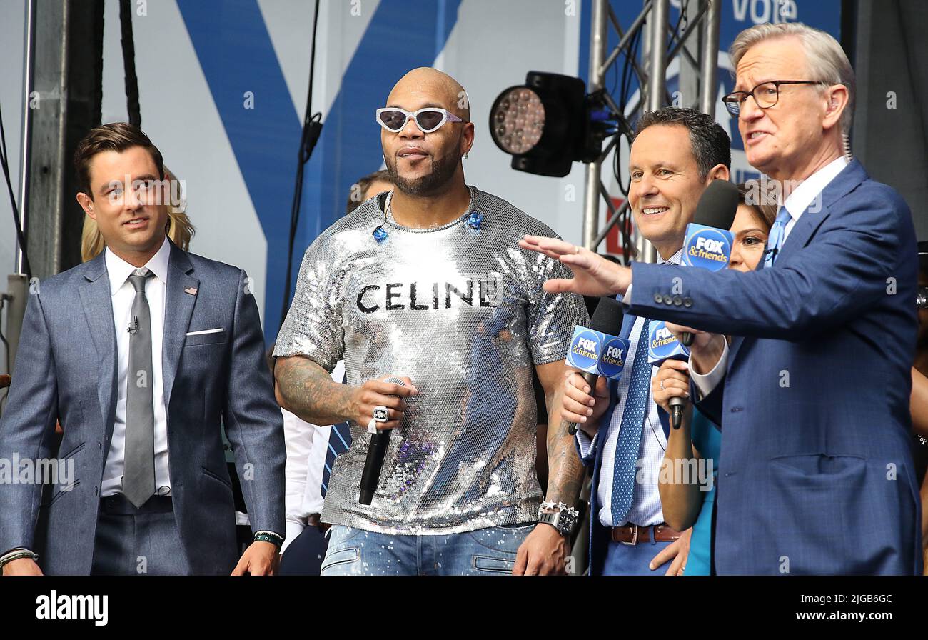 New York, NY, USA. 8th July, 2022. Adam Klotz, Flo Rida, Brian Kilmeade, Steve Doocy, pictured ...