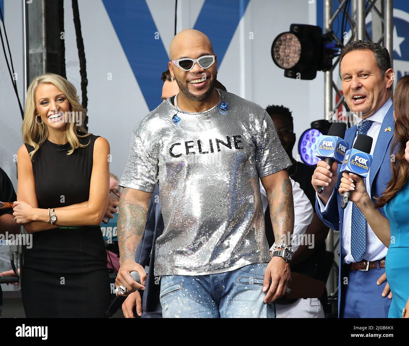 New York, NY, USA. 8th July, 2022. Ainsley Earhardt, Flo Rida, Brian Kilmeade pictured as Flo ...