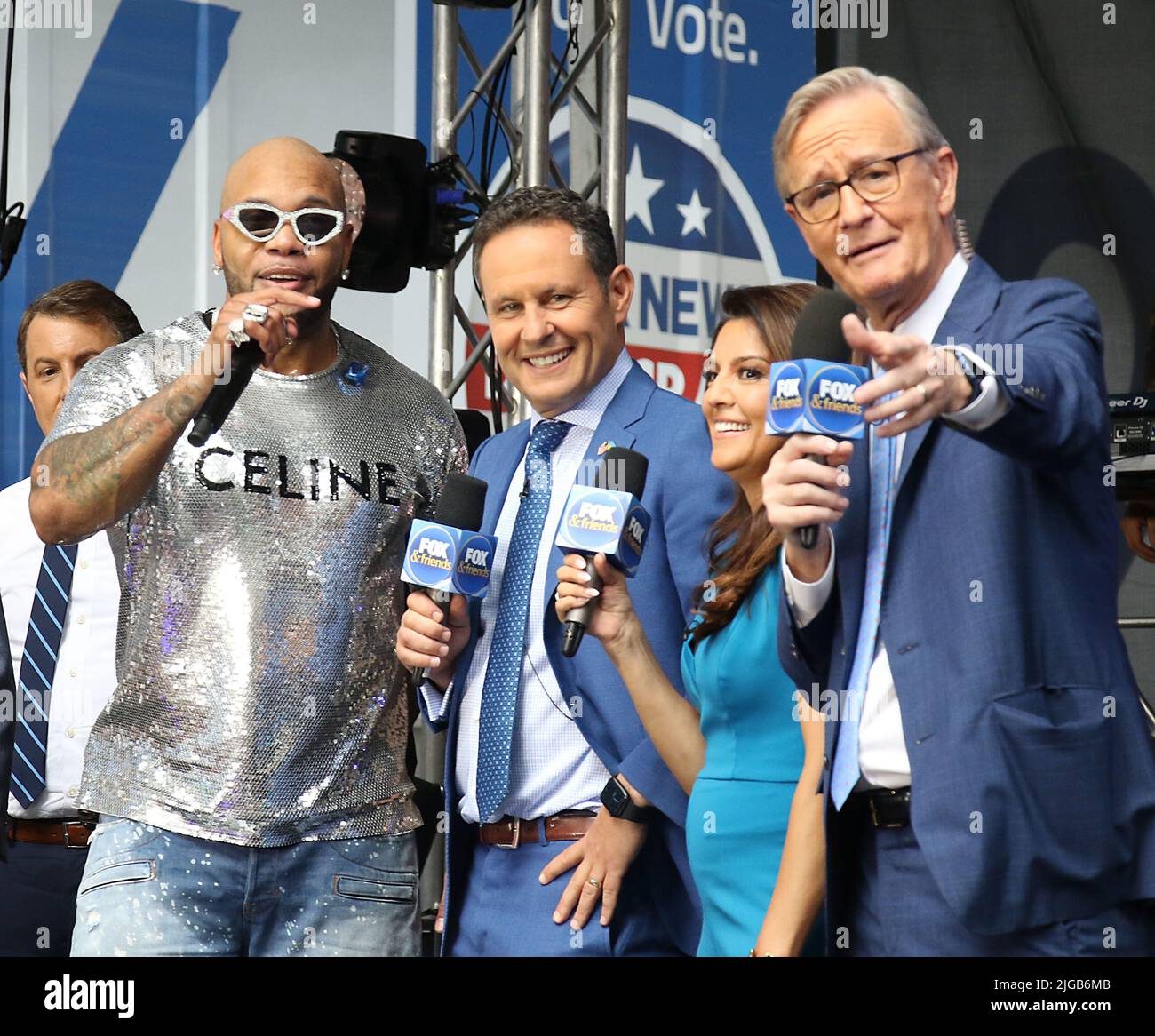 New York, NY, USA. 8th July, 2022. Adam Klotz, Flo Rida, Brian Kilmeade, Rachel Campos-Duffy ...