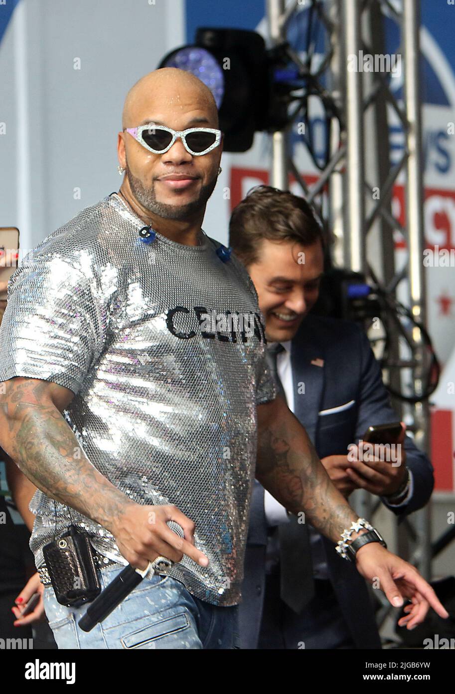 New York, NY, USA. 8th July, 2022. Flo Rida pictured as Flo Rida performs on Fox and Friends at ...