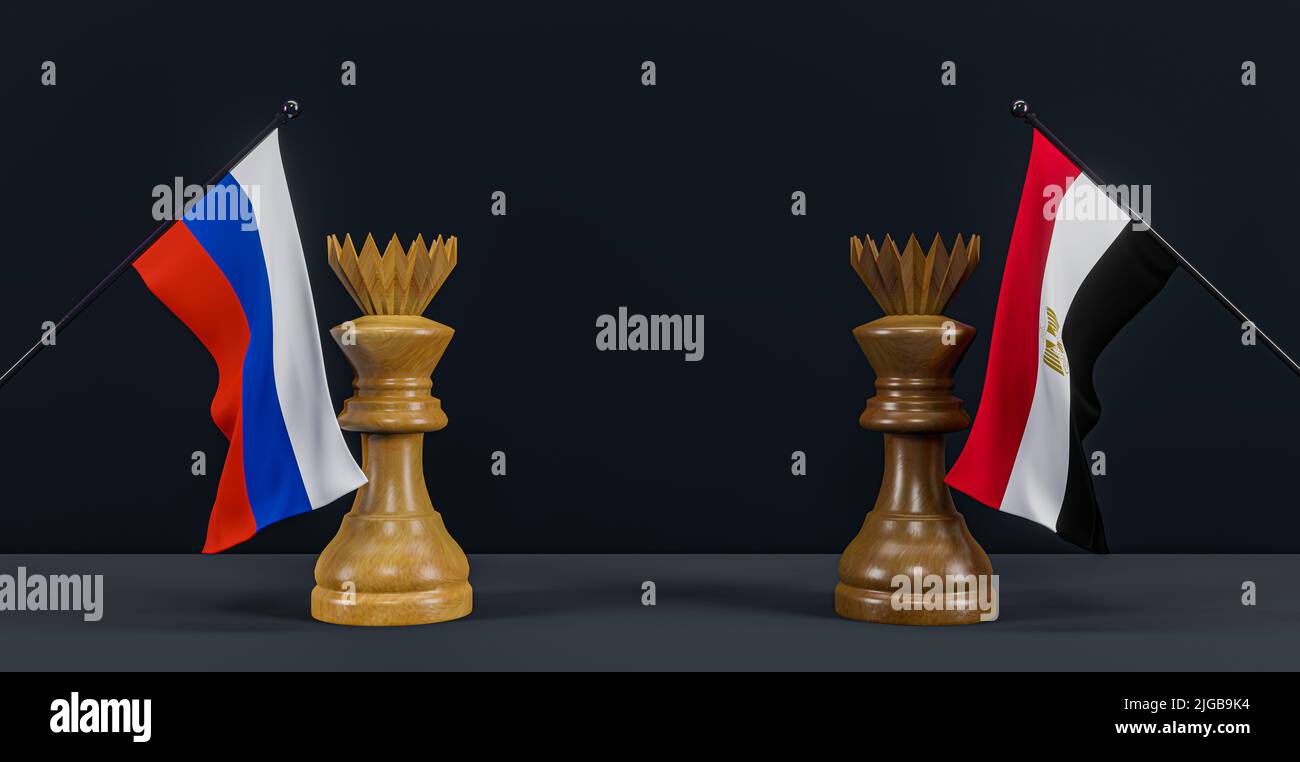 Russia flag and Egypt flag and chess king on chessboard, Russia vs ...
