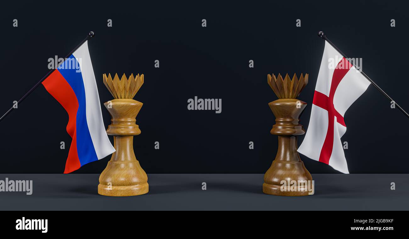 Russia flag and England flag and chess king on chessboard, Russia vs ...
