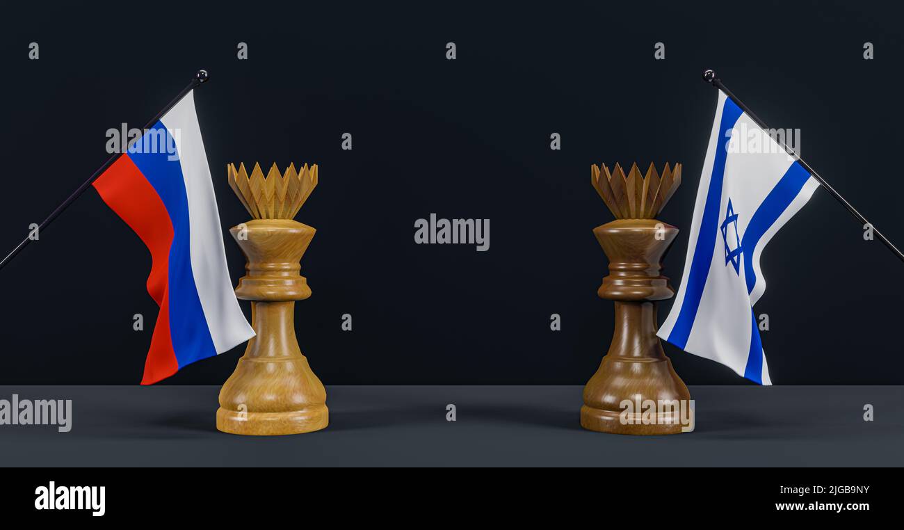 Russia flag and Israel flag and chess king on chessboard, Russia vs ...