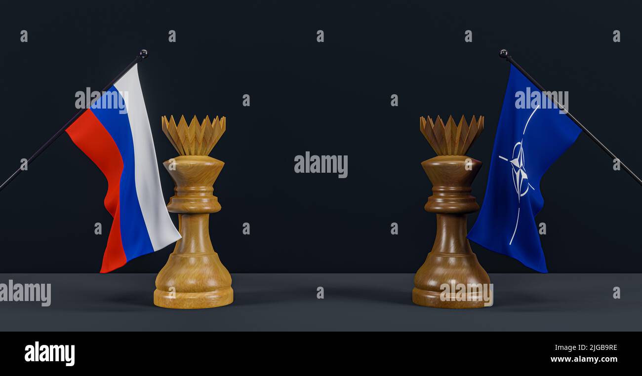 Russia flag and NATO flag and chess king on chessboard, Russia vs NATO ...