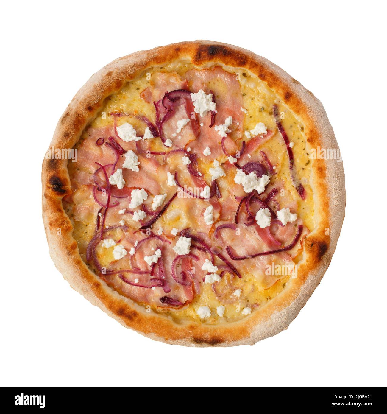 Pizza isolated on a white background. Creamy, with toasted bacon ...