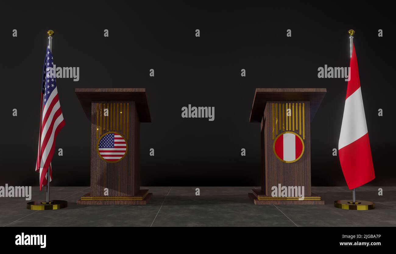 USA and Peru flag. USA and Peru negotiations. Rostrum for speeches. 3D ...