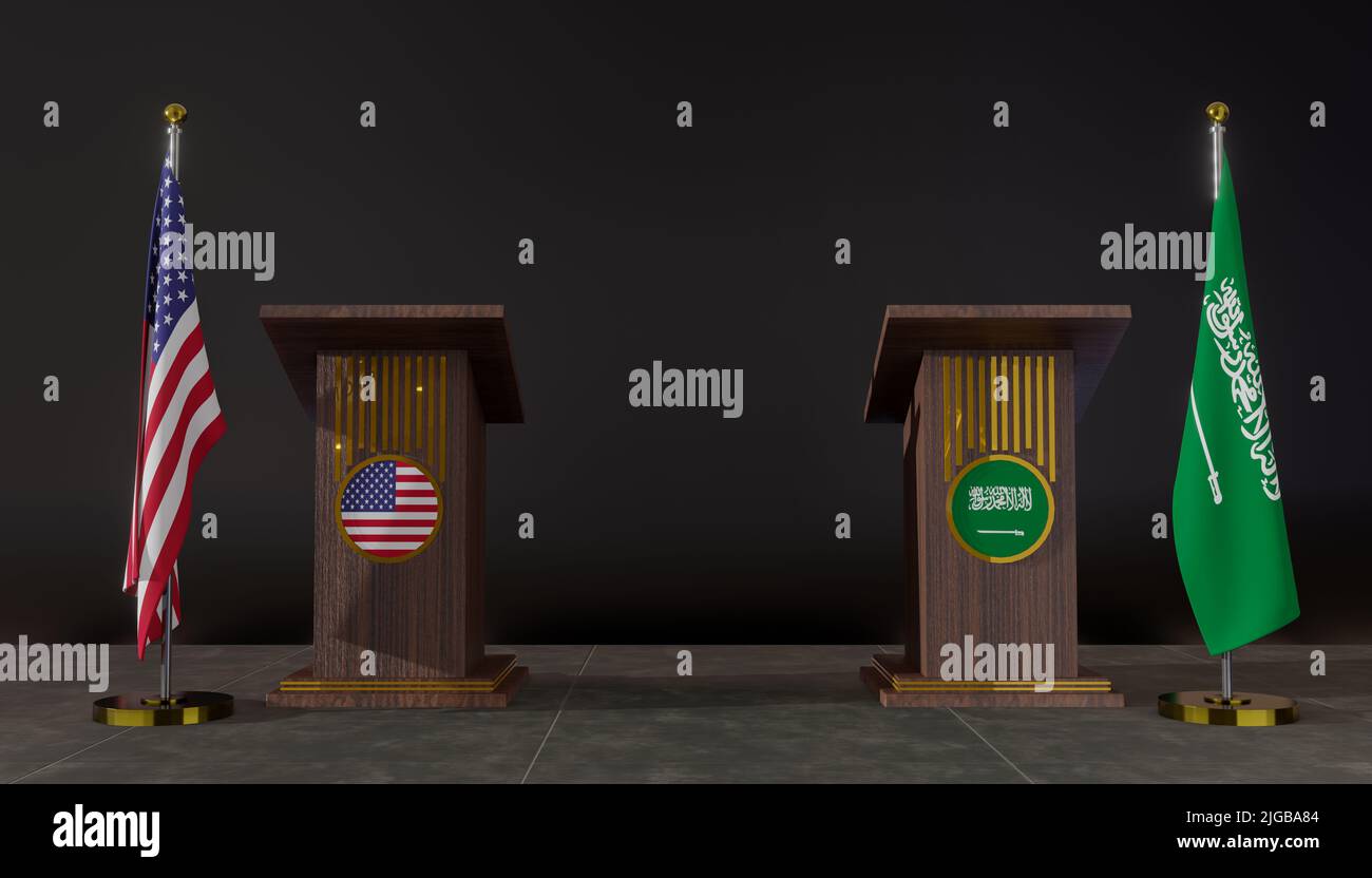 USA and Saudi Arabia flag. USA and Saudi Arabia negotiations. Rostrum ...