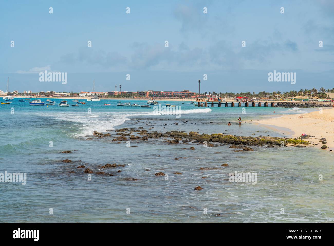 Santa Maria beach in Sal, Cape Verde - background the pier Stock Photo ...