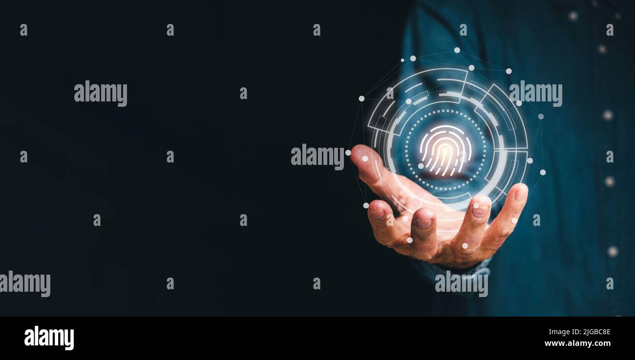 Businessman hand using fingerprint indentification to access personal ...