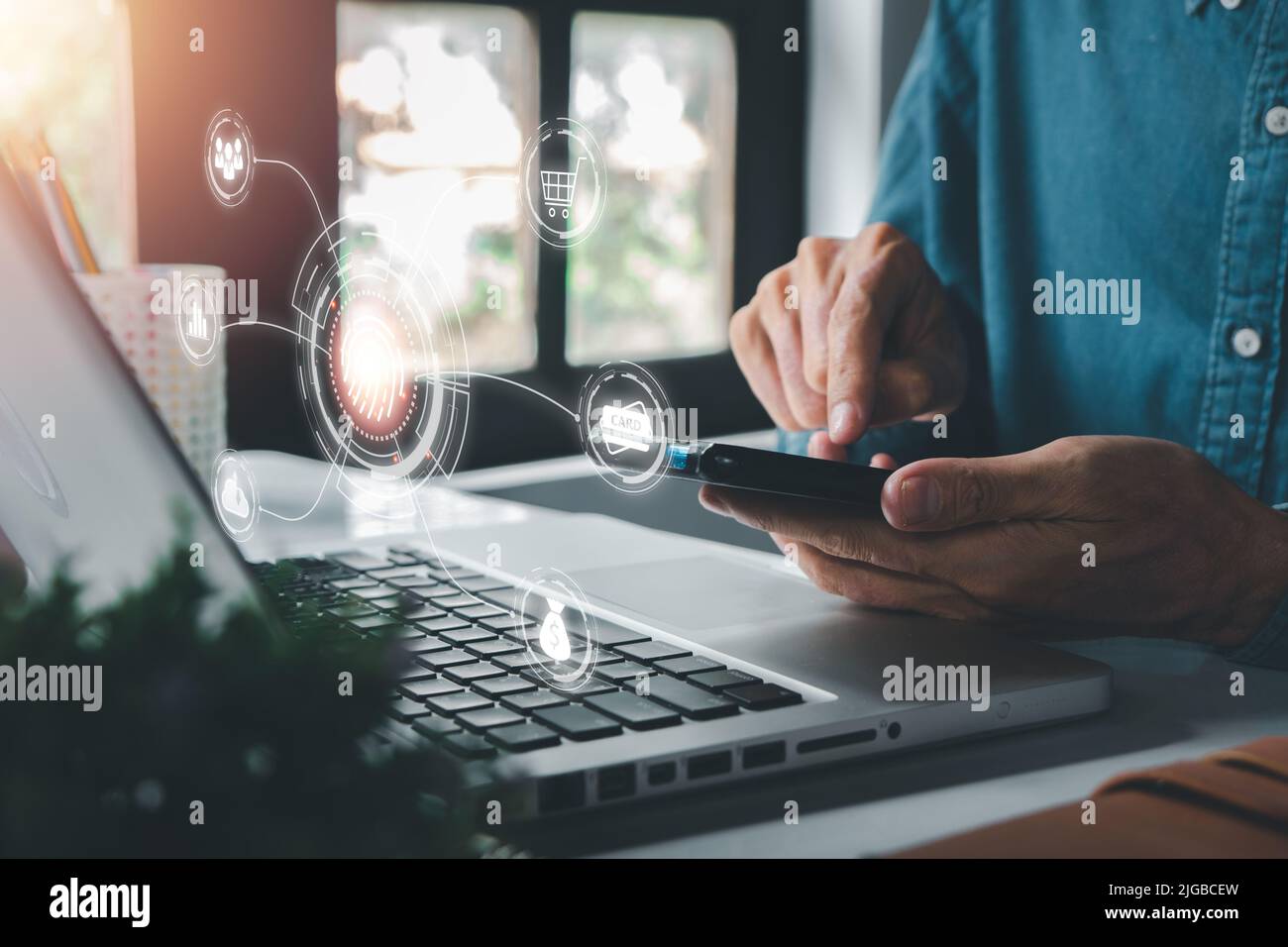 Businessman hand using fingerprint indentification to access personal ...