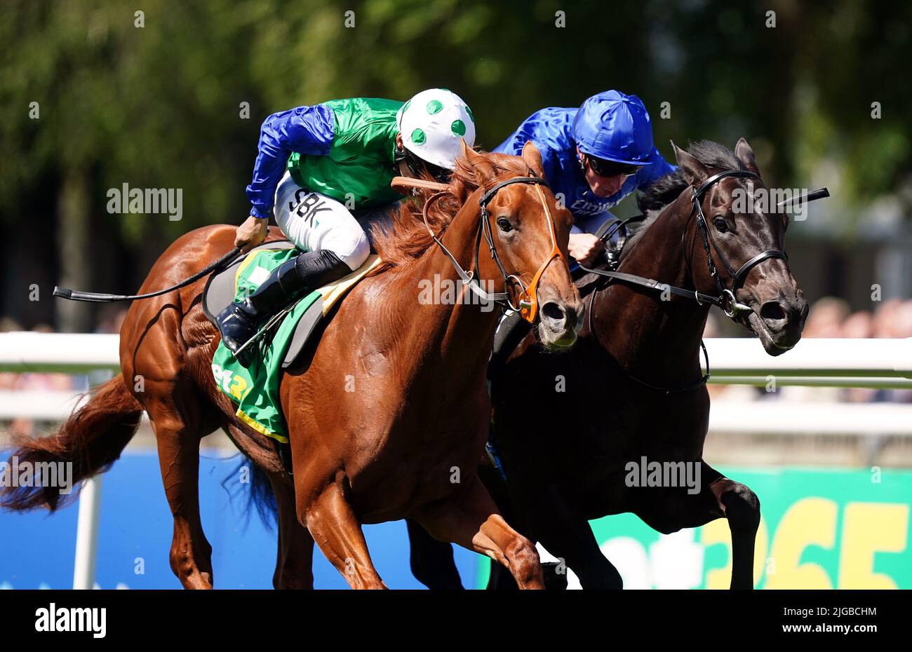 Isaac Shelby ridden by jockey Sean Levey (left) on their way to winning ...
