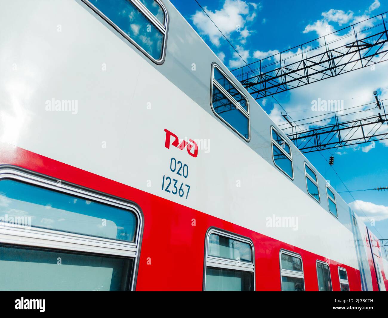 Moscow, Russia. April 22, 2022. Russian Railways double-decker car. RZD ...
