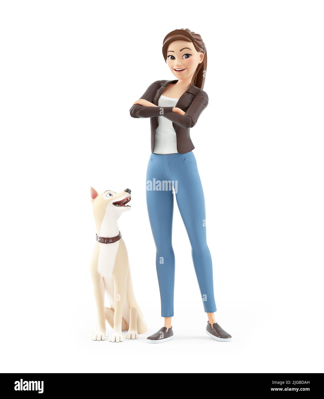 3d cartoon woman standing with her dog, illustration isolated on white ...