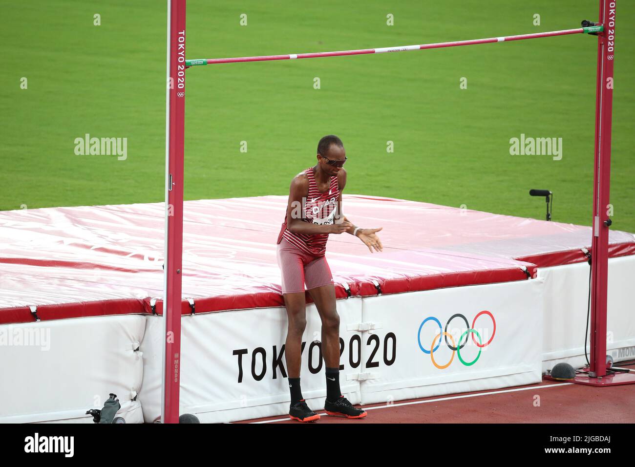 August 01st, 2021 - Tokyo, Japan: Mutaz Essa Barshim of Qatar reacts during the Men's High-Jump ...