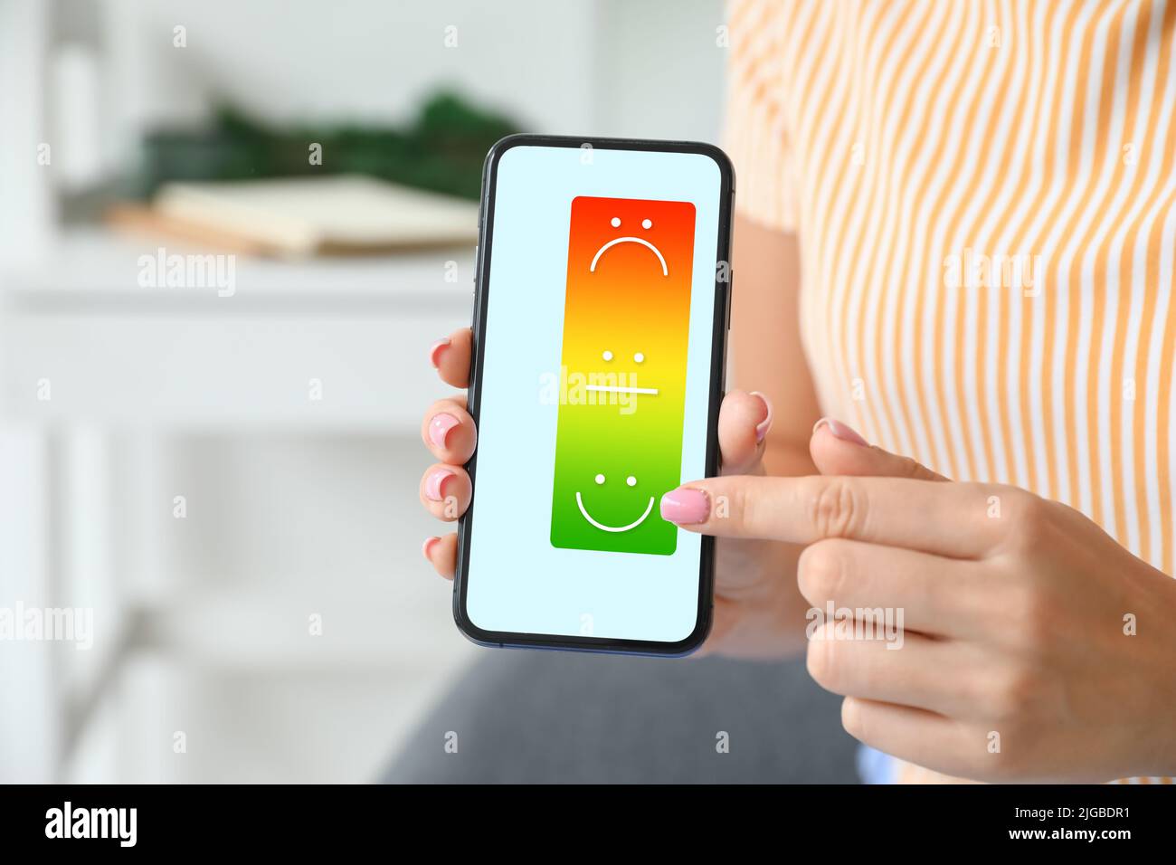 Woman giving high rating to new mobile application, closeup Stock Photo ...