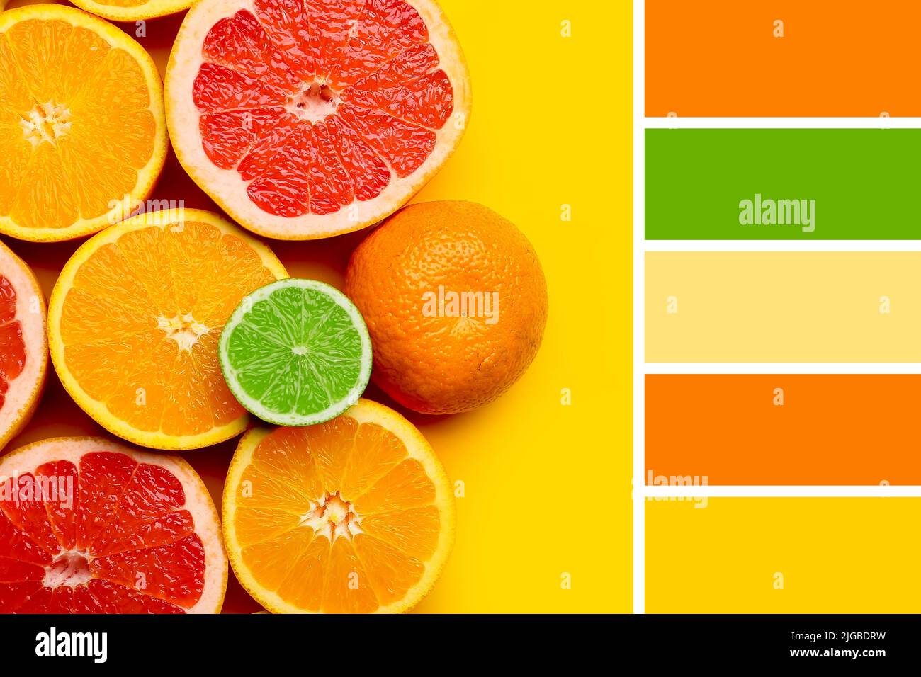 Fresh citrus fruits on yellow background. Different color patterns ...