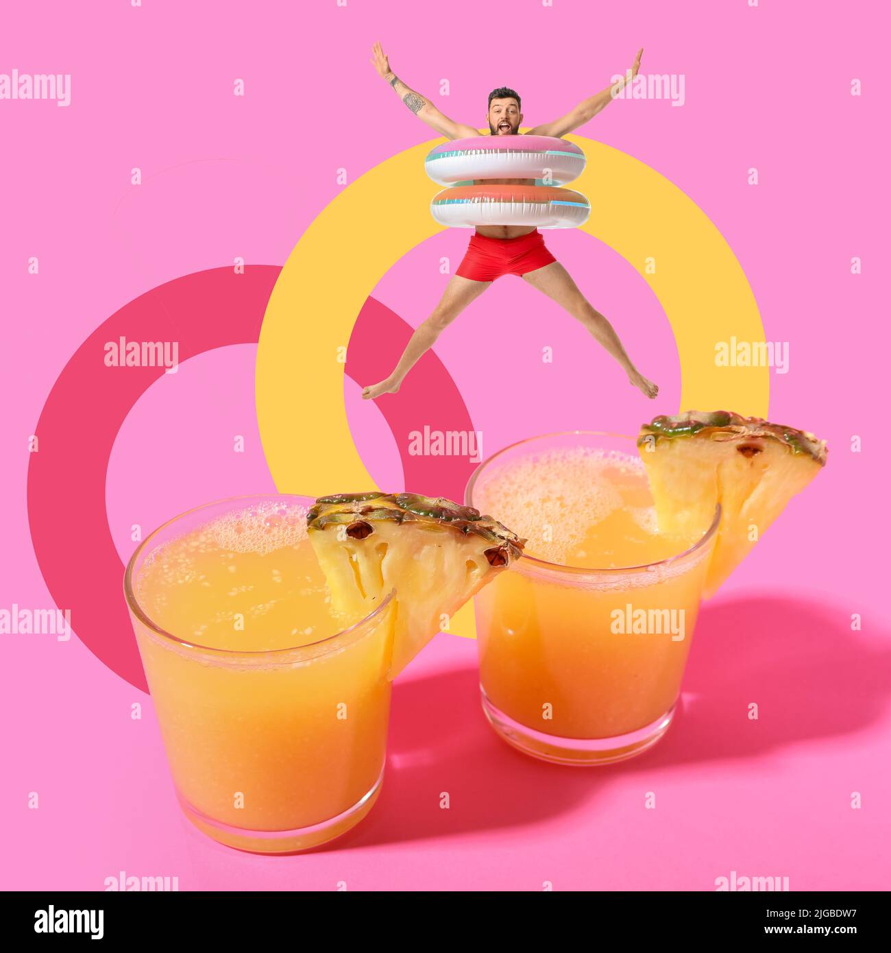 Collage with glasses of tasty pineapple juice and jumping man with ...