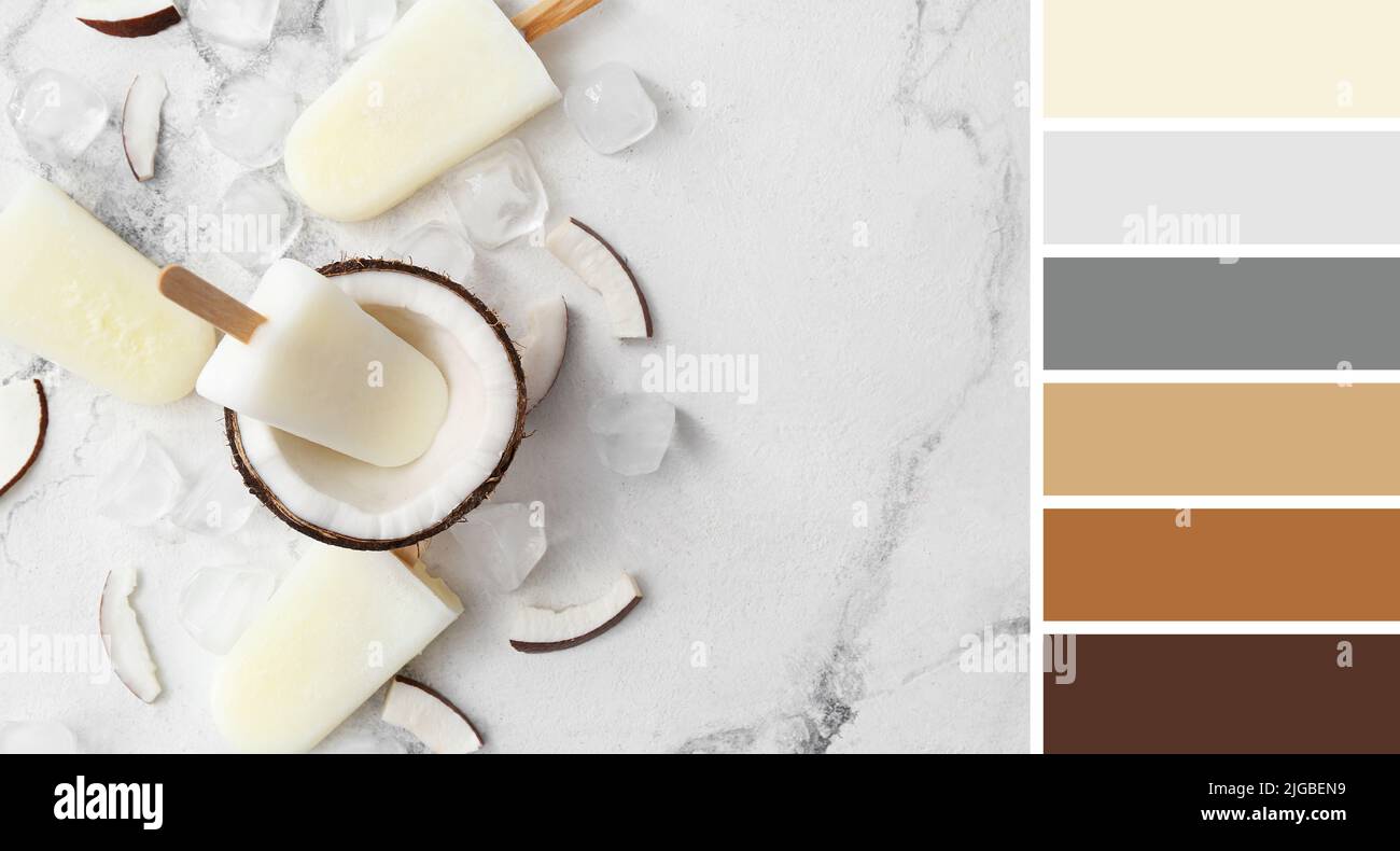 Tasty coconut ice cream on light background. Different color patterns ...