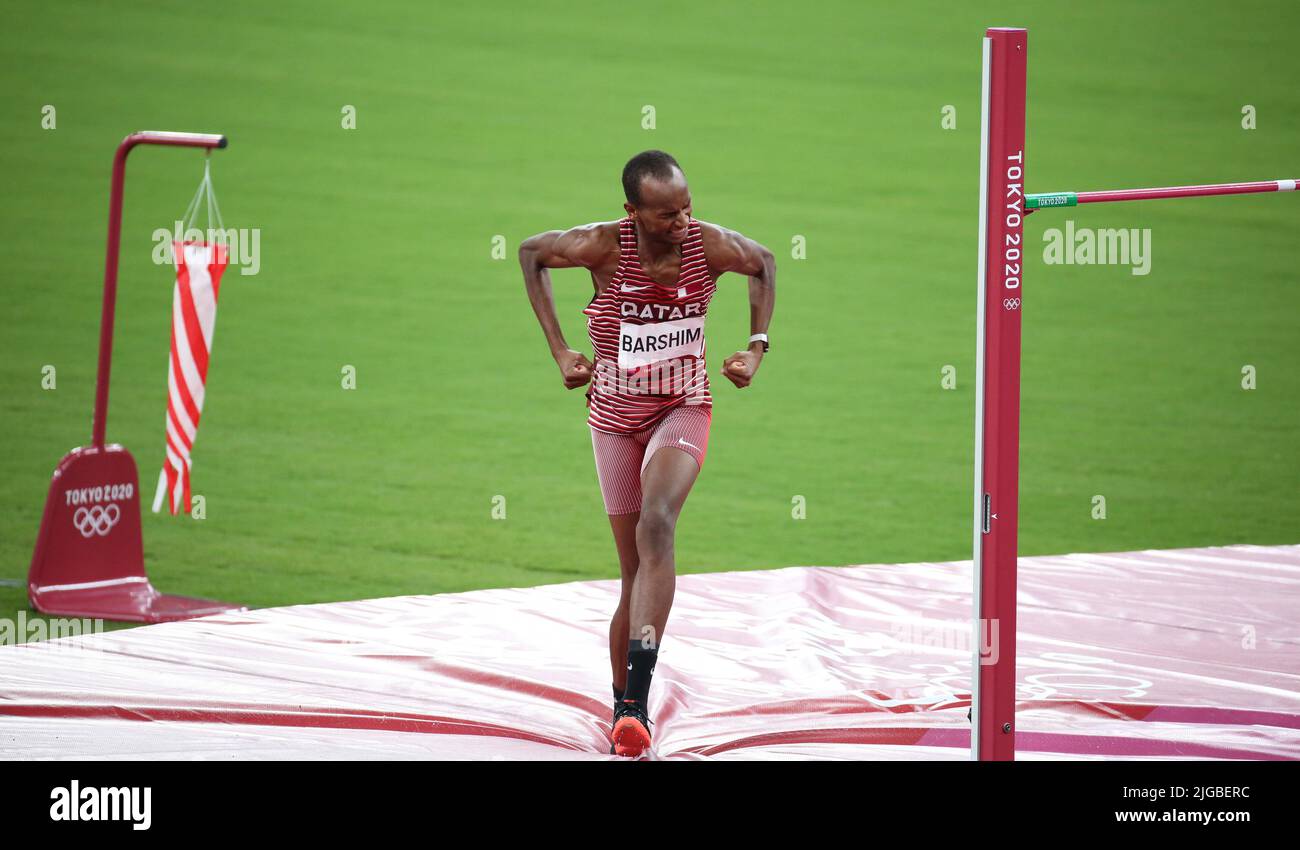 August 01st, 2021 - Tokyo, Japan: Mutaz Essa Barshim of Qatar reacts ...