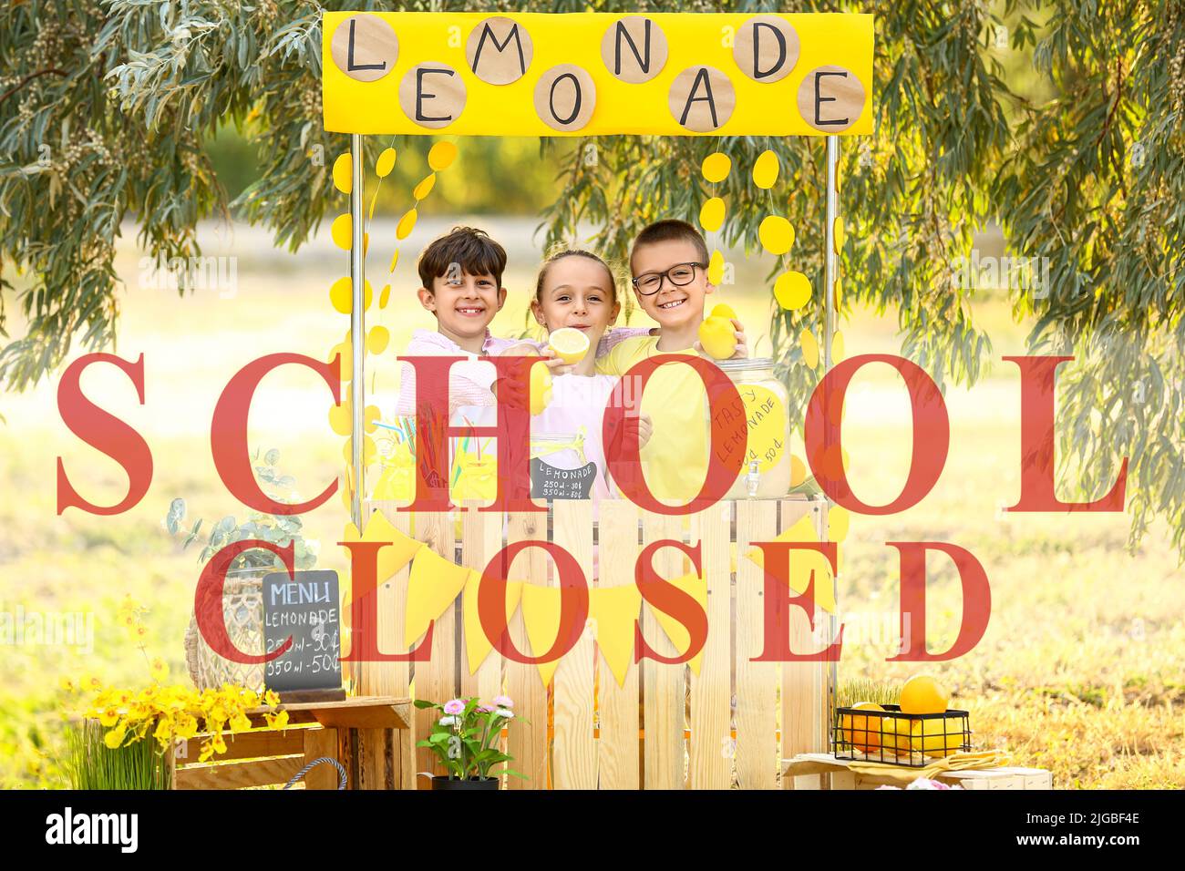 Text SCHOOL CLOSED and cute children selling lemonade in park Stock ...