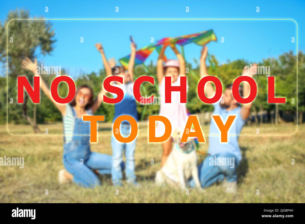 Text NO SCHOOL TODAY and happy family resting in park Stock Photo - Alamy
