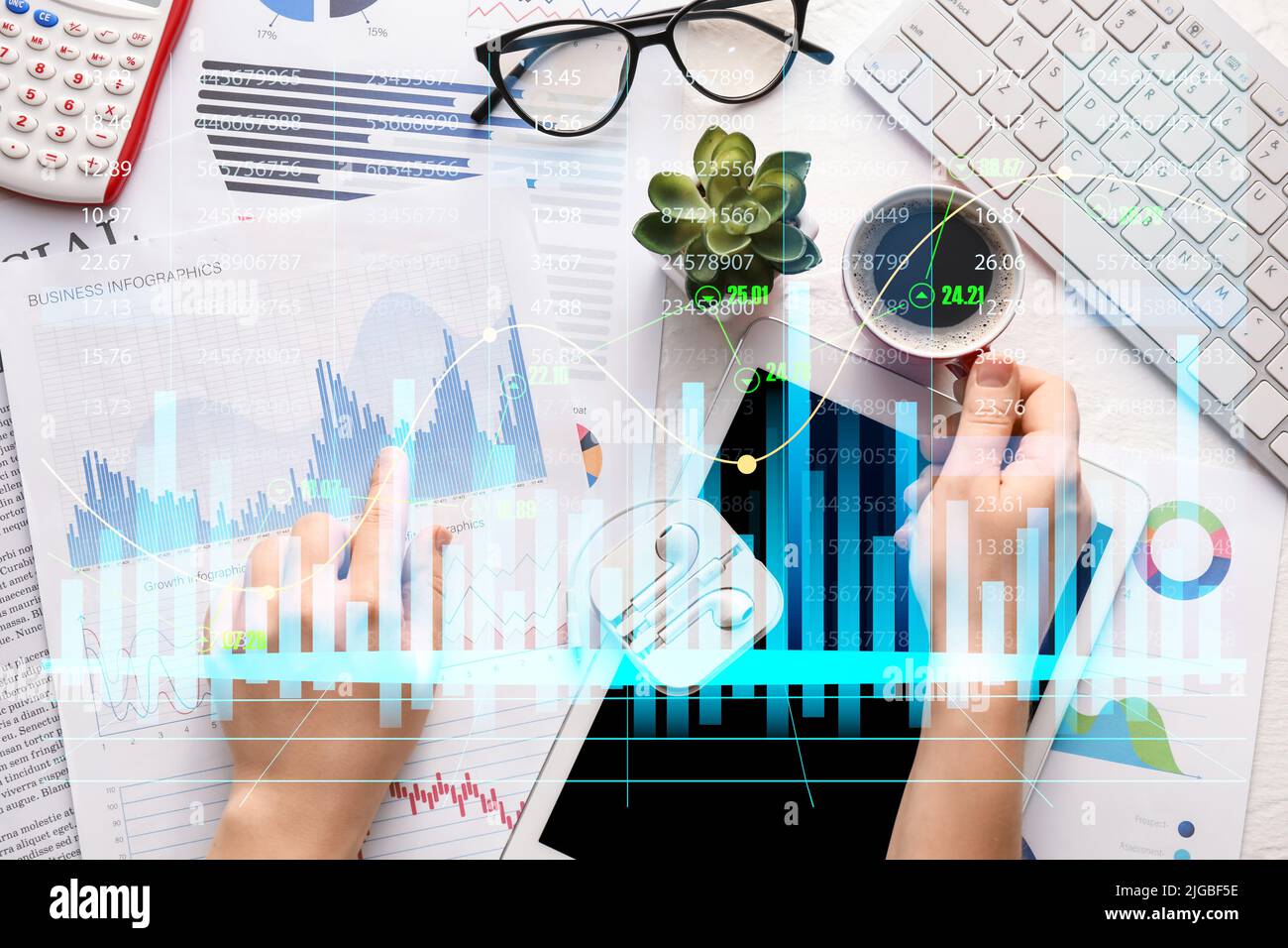 Double exposure of virtual screen with business diagrams and woman ...