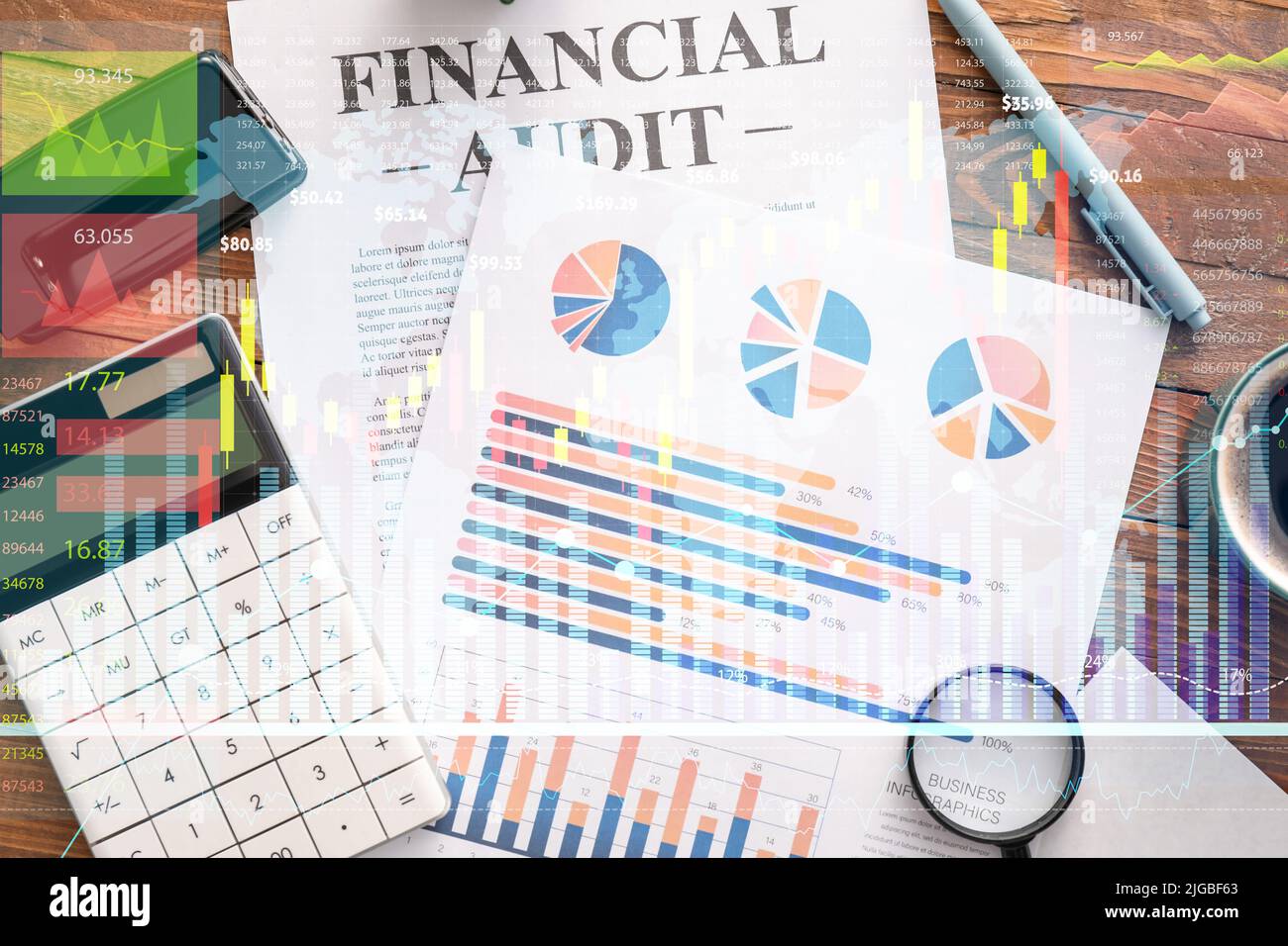 Double exposure of virtual screen with business diagrams, calculator ...